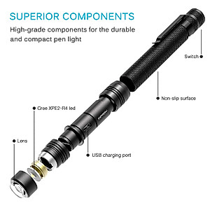 infray LED Rechargeable Pen Flashlight, Pocket-Sized Penlight with Super Bright CREE LED, Adjustable Focus, IPX5 Water-Resistant, NiMH Battery Included, 2 Modes (High/Low)