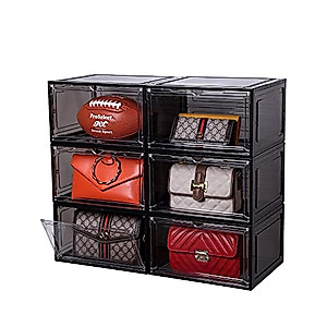 ZLLZUU Purse Storage Organizer for Closet, 6 Pack Plastic Storage Boxes with Acrylic Magnetic Door for Collectibles, Wallet, Cosmetic, Toys (Medium Size Clear Black)