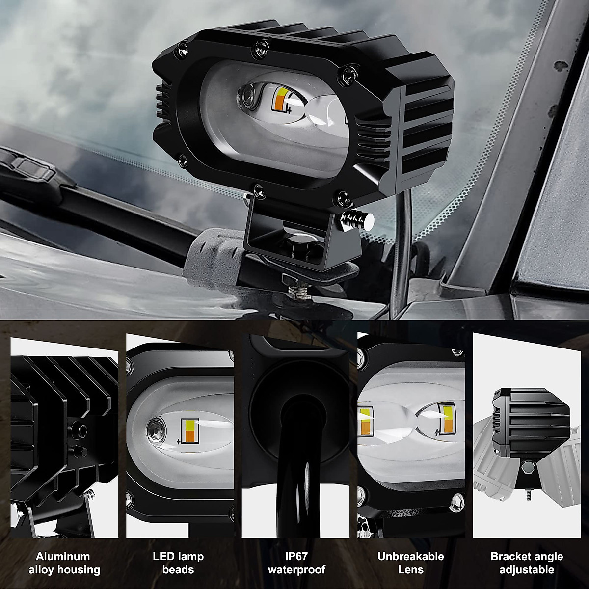 ASLONG 2PCS 4Inch LED Flood Single Row White/Amber Flasing Strobe Pods Work Lights Off Road Driving Fog Lights with Switch Wiring Harness for Truck, 4x4, SUV, ATV