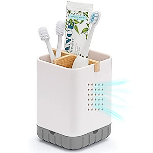 Boperzi Toothbrush and Toothpaste Holder with Bamboo Divider for Bathroom Countertop Organizer, Plastic Detachable Anti-Slip Large Electric Toothbrush Holders Storage Caddy Drainage for Family, Kids