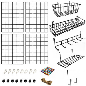4 Pack Wire Wall Grid Panel with Accessories | Includes Hanging Wall Baskets, Letter Sorter, Shelf & Hook Rack | Grid Wall Panels | Photo Grid | Hanging Home, Office & Kitchen Décor | Photo Wall