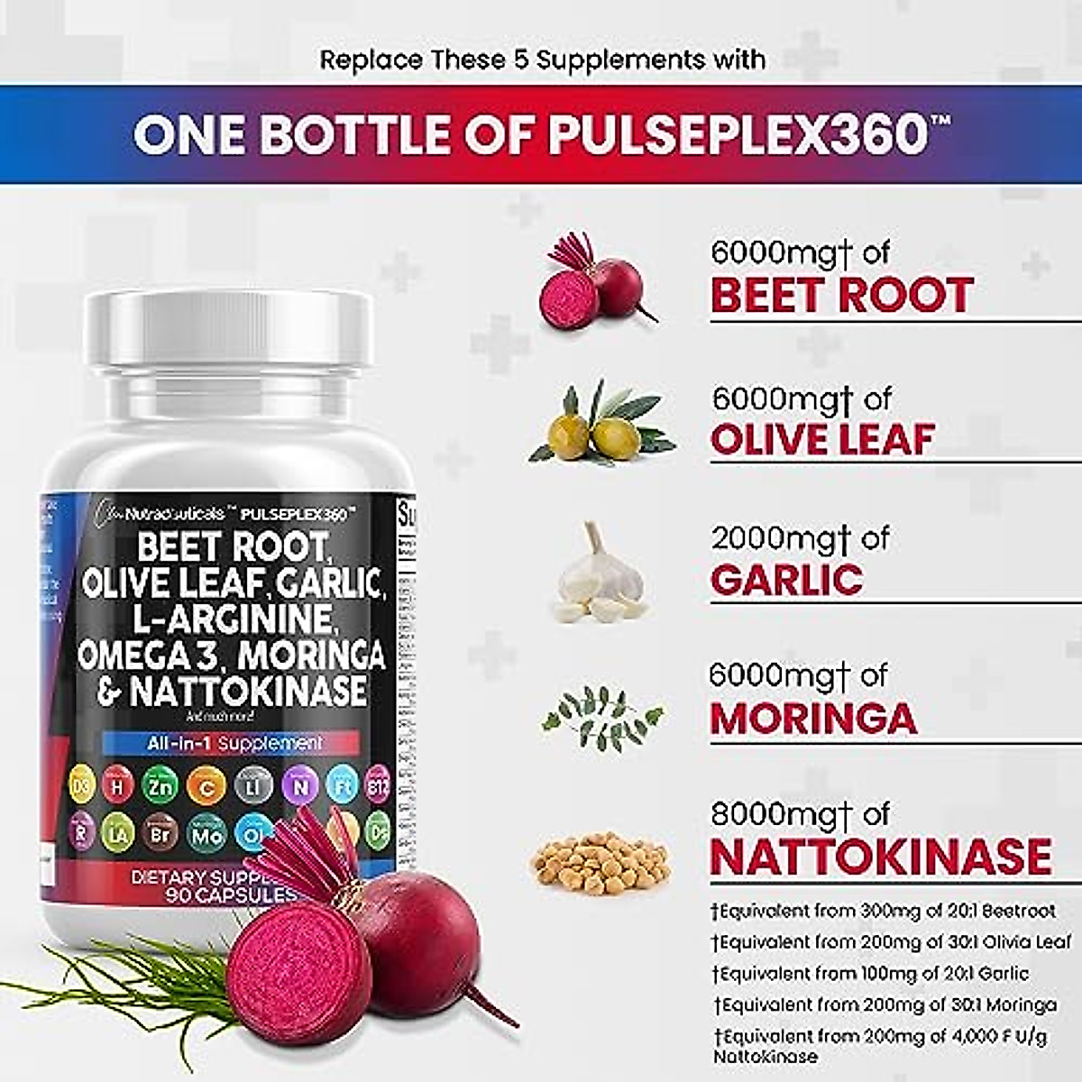 Beet Root Capsules 6000mg Olive Leaf 6000mg Nattokinase 4000 FU Garlic Extract 2000mg L-Arginine 400mg Omega 3 Red Yeast Rice Hibiscus Danshen - Healthy Support Supplement - 90 Ct