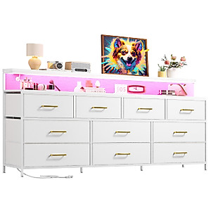 EnHomee 55" W White Dresser for Bedroom with 10 Drawers Long Dressers & Chests of Drawers with LED Lights & Power Outlets Large Dresser for Bedroom Dresser for Closet, Hallway, Metal Frame, White
