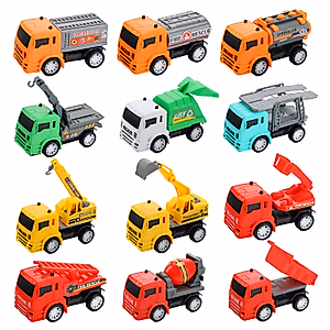 3 otters 12PCS Pull Back Cars, Construction Vehicle Toys for Easter Eggs Hunt, Easter Basket Stuffers Fillers, Easter Kids Party Favor, Easter Classroom Prize Supplies