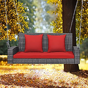 Tangkula 2 Person Wicker Hanging Porch Swing, Patiojoy Outdoor Rattan Swing with Soft Cushions and 2 Rustproof Steel Chains, 800 LBS Patio Swing Bench for Balcony, Garden and Yard (Red)