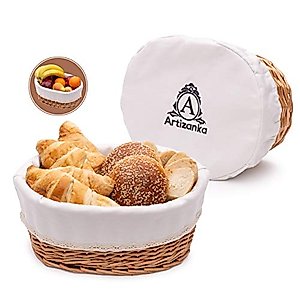 Large Bread Basket for Serving Set - 12x9” Wicker Basket with Removable Liner and Cover Bread Storage and Bread Serving Basket for Homemade Sourdough Bread. Pantry and Fruit Basket by Artizanka