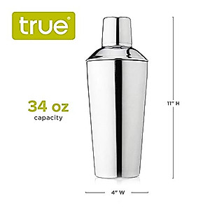 True Retro Cocktail Shaker, Stainless Steel with Strainer and Jigger for Bartending, Bar Accessories, Bartender Set, Perfect for Margarita and Liquor Drinks, 34 oz, Silver