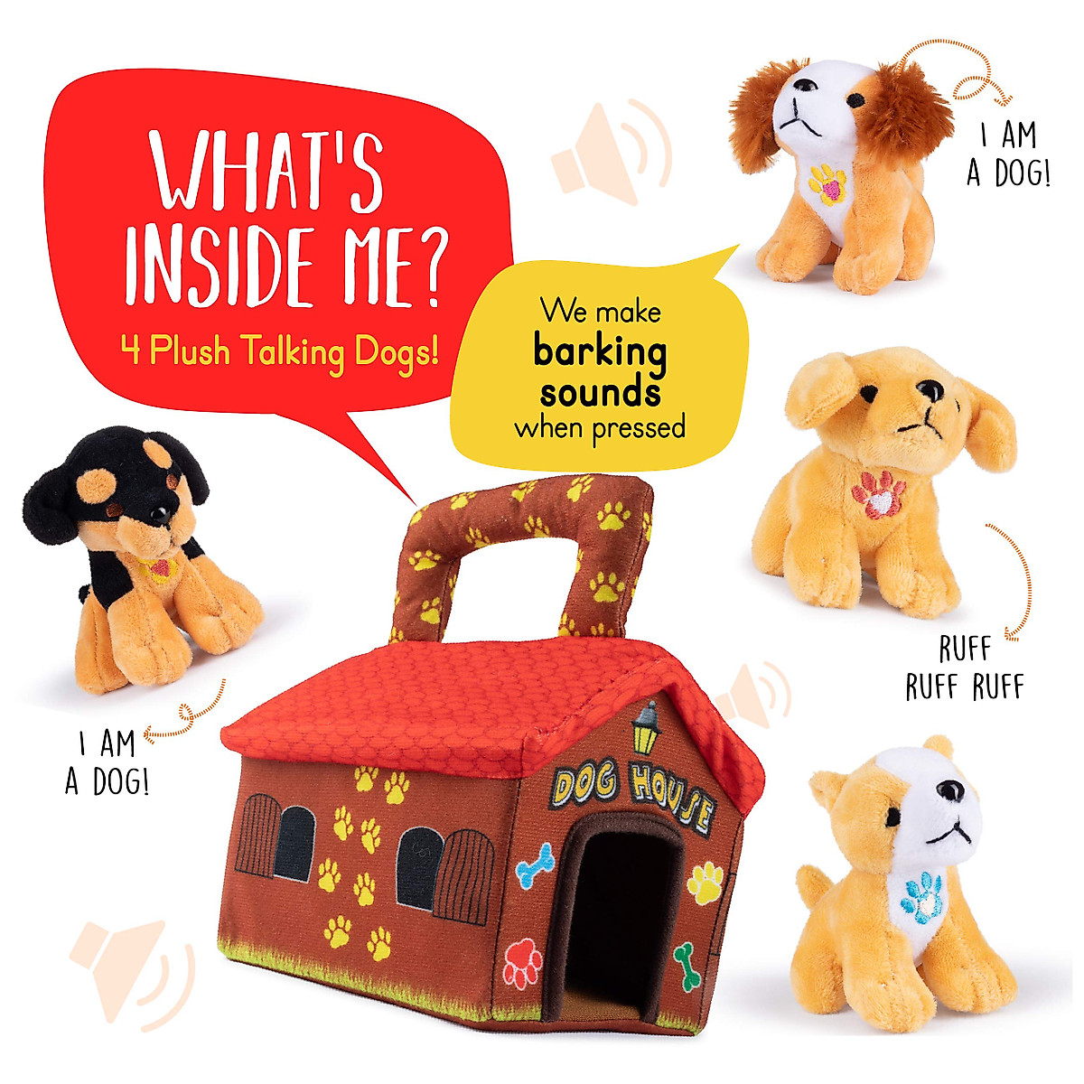 Plush Creations Talking Plush Dog House Carrier with 4 Soft & Cuddly, Talking & Barking, Stuffed Plush Dogs. Excellent Interactive and Educational Plush Toy Set. Great Gift for Kids Toddlers & Babies