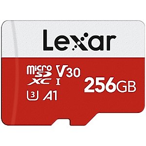 Lexar E-Series 256GB Micro SD Card, microSDXC UHS-I Flash Memory Card with Adapter, 100MB/s, C10, U3, A1, V30, Full HD, 4K UHD, High Speed TF Card