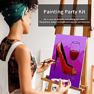 VOCHIC Canvas Painting Kit Pre Drawn Canvas for Painting for Adults Party Kits Paint and Sip Party Supplies 8x10 inch Girl High Heels Glass 8 Colors,3 Brush,1 Pallet Paint Art Set