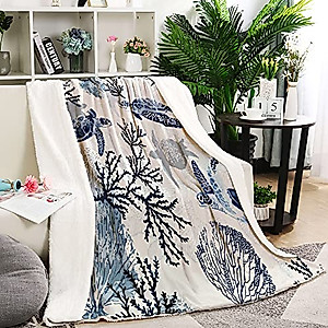 LINGXUQK Sea Turtle Fleece Throw Blanket Underwater World Sea Turtle Sea Grass Natural Watercolor Style Plush Sherpa Blanket Cozy Fluffy Blanket Sea Turtle Gifts…