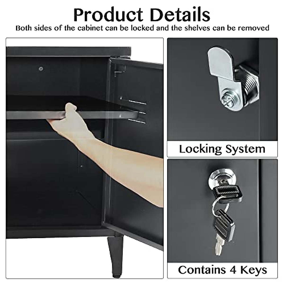 HOPUBUY Metal Storage Cabinet with Lock, Steel Locker Cabinet with Removable Shelves and 2 Locking Doors, Black Storage Cabinets for Home, Garage, Office, Bedroom