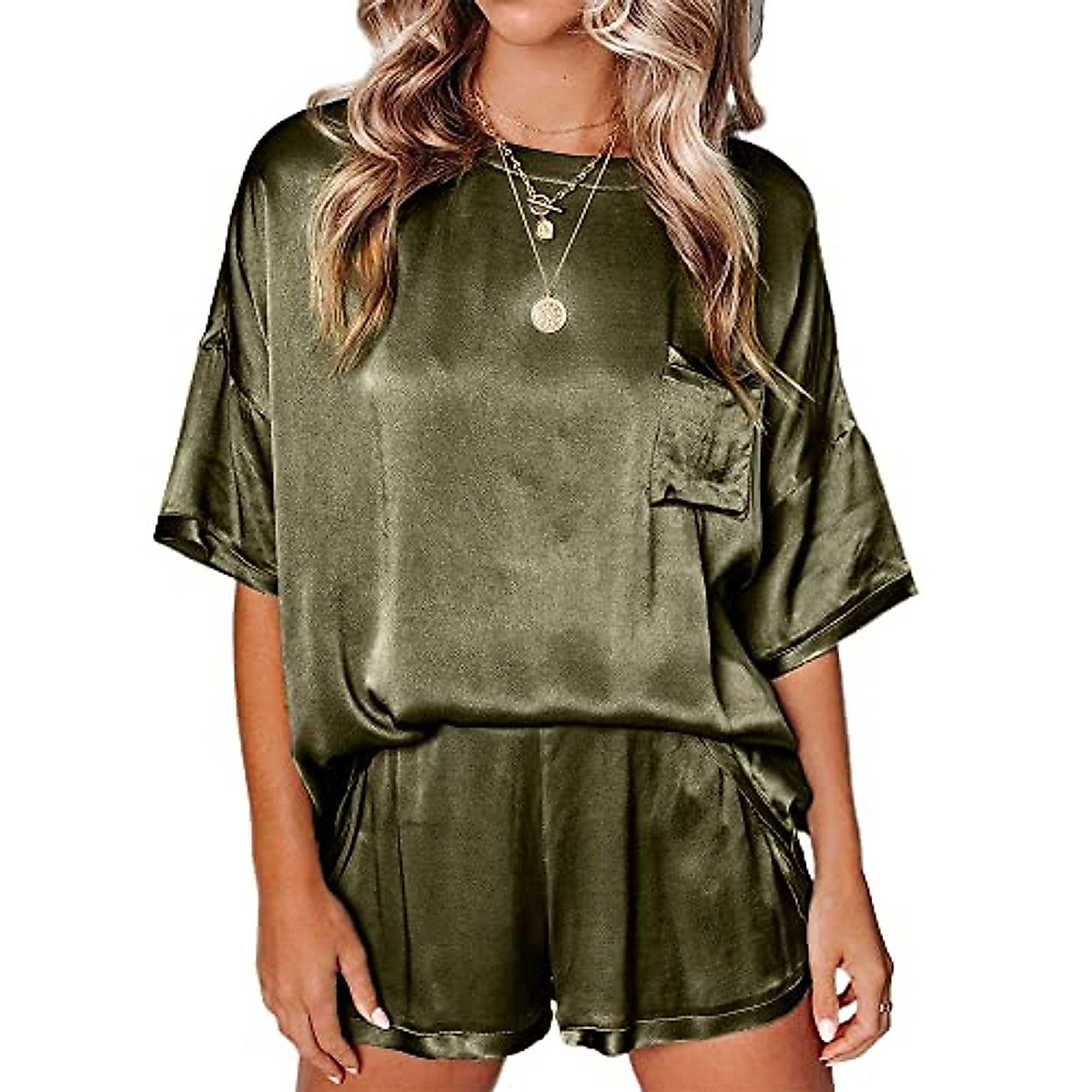 Pajama Sets Womens Silk Satin Pajamas Family Set Short Sleeve Nightwear with a Pocket Soft Loungewear for Summer Spring,2-imitation Silk-green,X-Large
