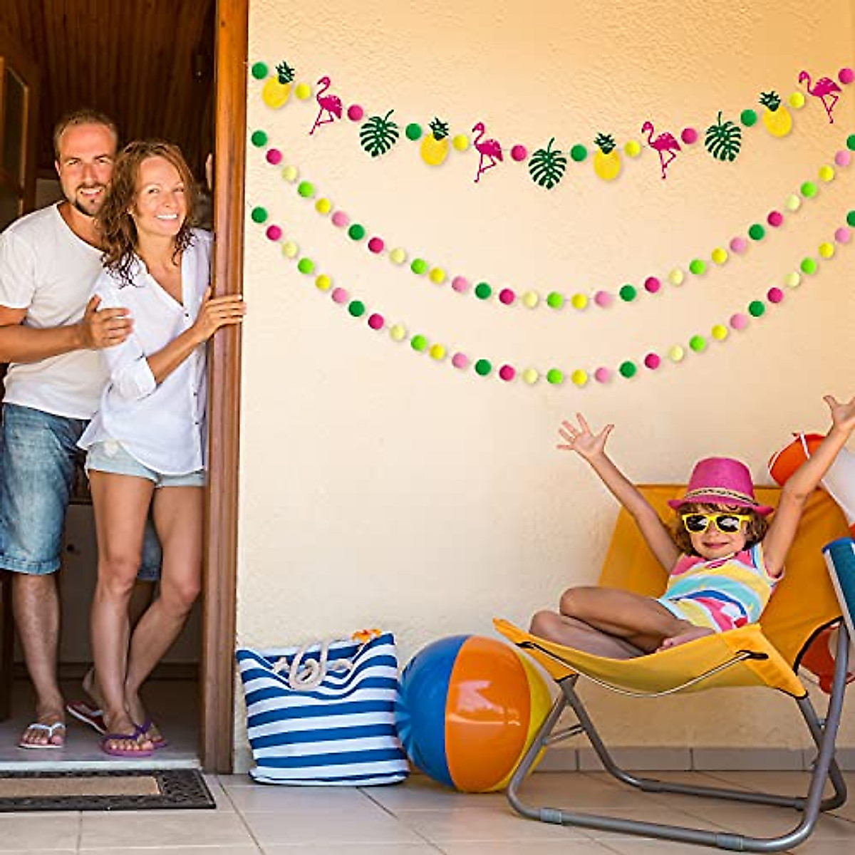 Kerien 3 Pieces Hawaii Summer Hanging Pompom Ball Garland Tropical Flamingo Pineapple Party Banner Set Aloha Banner Flamingo Flower Garland Banner for Hawaiian