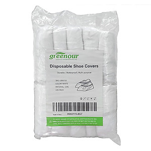 Greenour Shoe Covers Disposable for Indoors Pack of 100 (50 Pairs) Waterproof CPE Booties Shoes Protectors Coverings Fits Up to Size 11 US Men and 13 US Women White Large