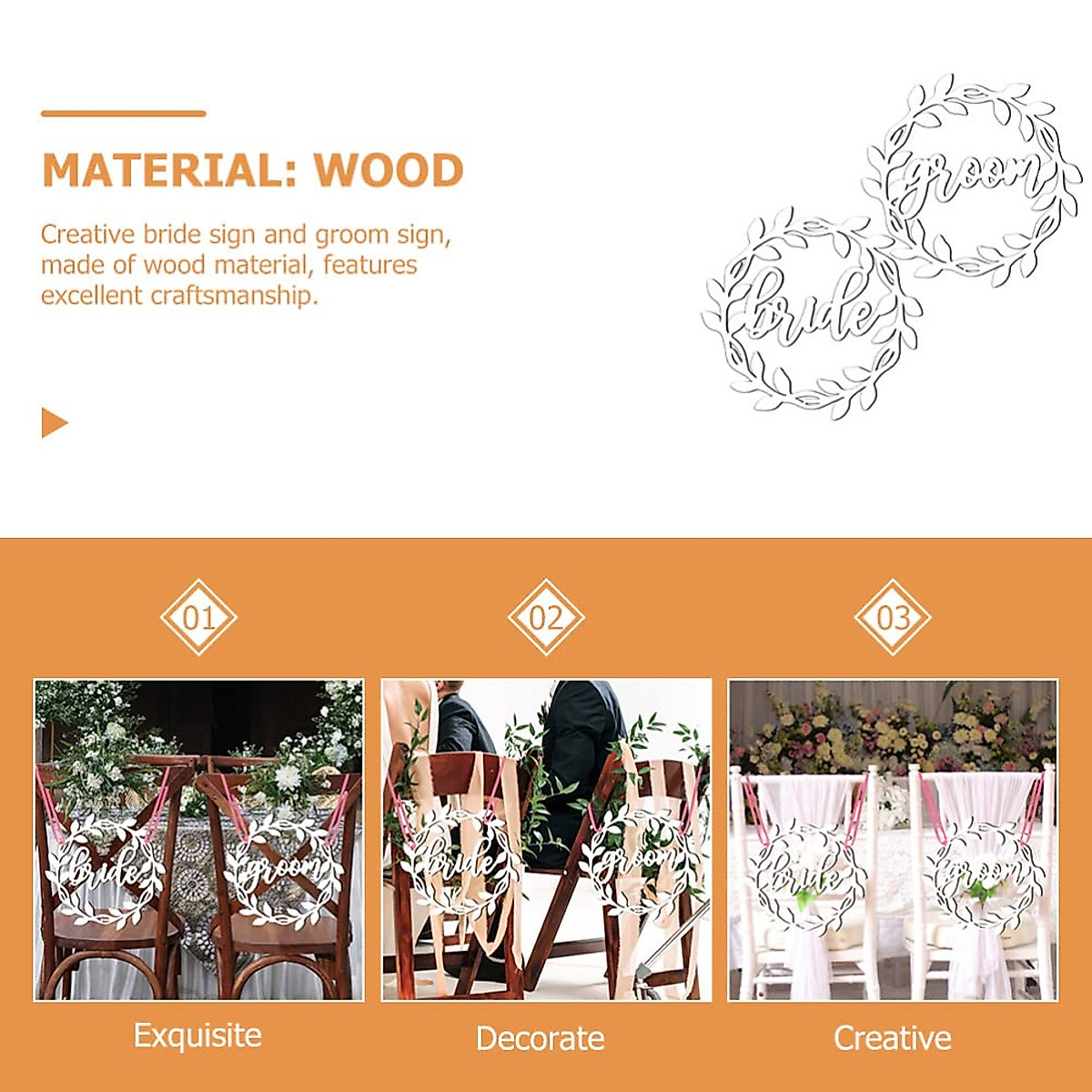 PRETYZOOM 1 Set Groom Bride Bridal Shower Chair Decorations for Bride Rustic Wedding Chair Decorations Bride and Groom Chair Signs for Wedding Bridegroom White Pendant Wooden Board