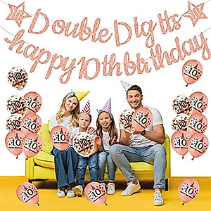 10th Birthday Decorations Banner Balloons - (22pack) Rose Gold Glitter Banner for Girls Boys, Double Digits Banner, Happy 10th Birthday. 20pcs 12 inch Balloons
