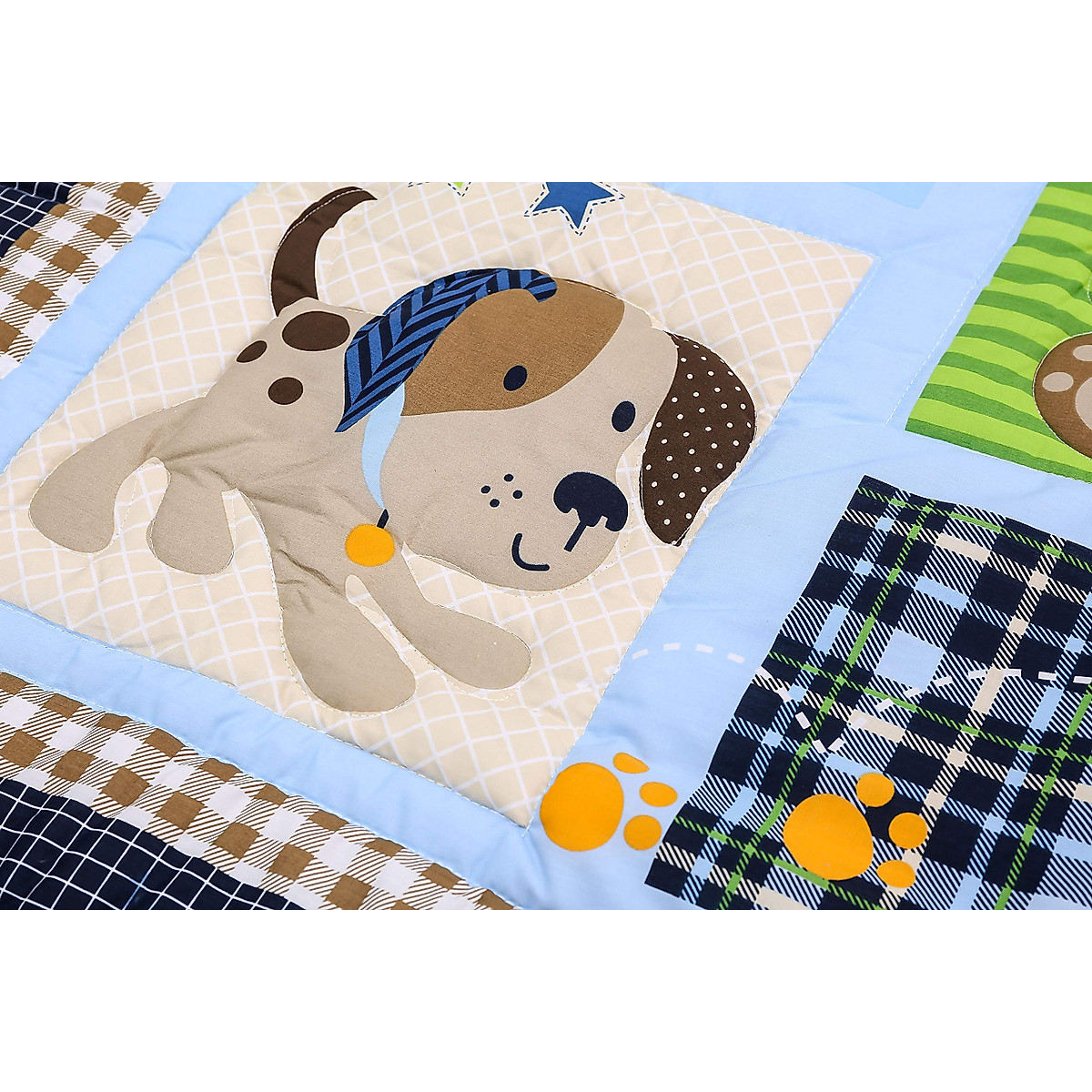 Brandream Sport Baby Crib Bedding Sets for Boys | Champ Star Dogs in Baseball Basketball Football and So On| 3-Piece Patchwork Nursery Set Blue - Baby Quilt, Fitted Crib Sheet, Crib Skirt Included