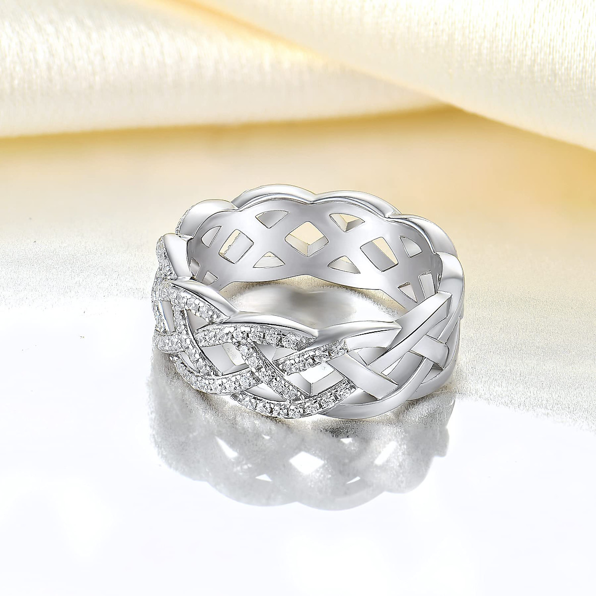 YL Women's Twisted Knot Rings 925 Sterling Silver Criss Knot Ring 18k White Gold Plated Cubic Zirconia Infinity Statement Rings-size8