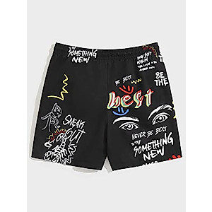 WDIRARA Men's Graphic Print Colorblock Drawstring Waist Active Pocket Shorts Black L