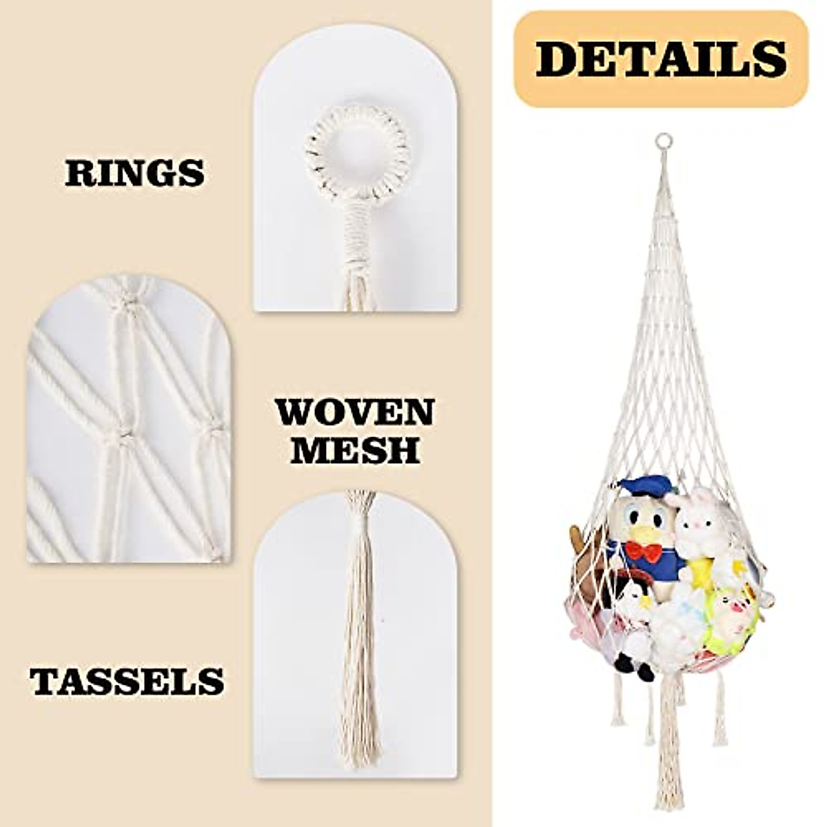 Hircviy Stuffed Animal Net or Hammock Handmade Large Macrame Toy Display Hammock Organizer for Corners, Walls and Ceiling Hanging Plushie Net Toys Holder for Kids Room Boho Storage
