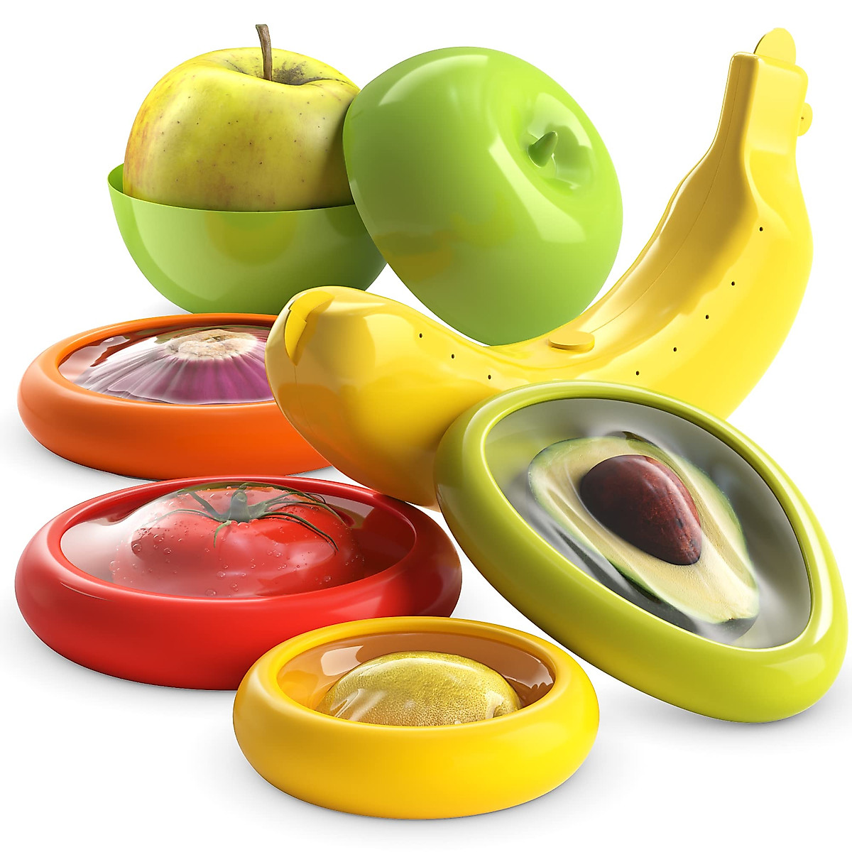 Popi Products 6PCS Vegetable And Fruit Storage Containers For Fridge-Reusable Fresh Food Savers-Onion Storage Pod-Tomato Holder-Lemon Saver-Avocado Holder-Apple And Banana Case