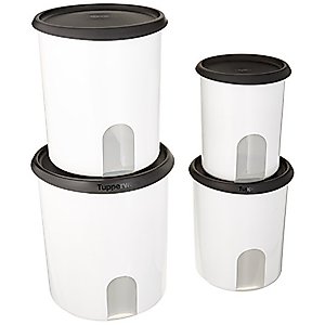 TUPPERWARE ONE TOUCH REMINDER 4-PC. CANISTER SET/BLACK WITH NEW DESIGNED SEALS