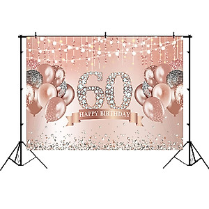 Pink Rose Gold Happy 60th Birthday Party Backdrop Glitter Diamonds and Balloons Lights Birthday Background Sixty Years Old Age Women Birthday Party Decorations Cake Table Supplies 7x5ft