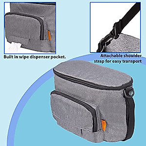 Universal Stroller Organizer; built-in wipe dispenser pocket, large space with bottle holders, detachable shoulder strap, multiple pockets for phone & other uses.