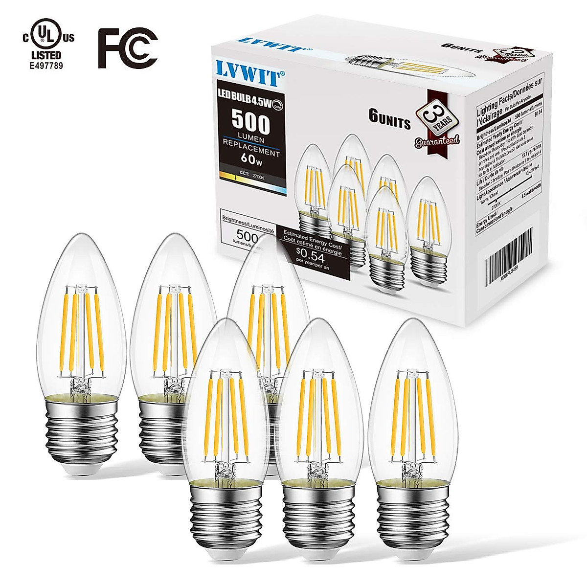 LVWIT B11 LED Filament Bulb E26 Candelabra Base 4.5W(60W Equivalent), Dimmable 2700K Warm White Chandelier Decorative Candle Light Bulb (6-Pack)