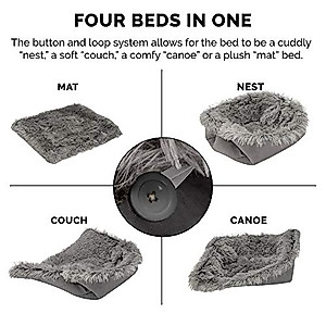 Furhaven Self-Warming Cat Bed for Indoor Cats, 4-Beds-in-1 & Washable - Plush Long Faux Fur Convertible Cuddler - Gray, Small