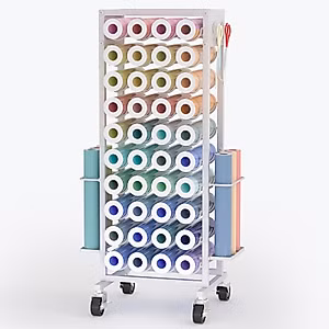 Mobile Vinyl Roll Holder Cart - 40 Compartments Vinyl Storage Organizer with 6 Hooks & Extra Vinyl Organizer Tray on 2 Side, Cricut Vinyl Storage Rack Gifts Wrapping Paper Holder for Home Craft Room