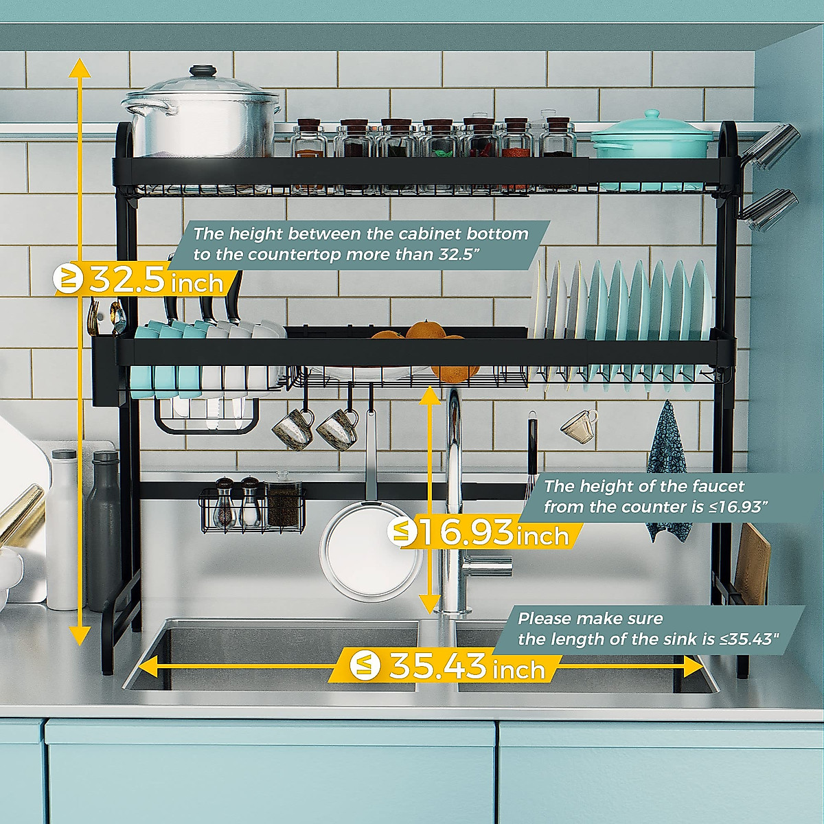 Over Sink Dish Drying Rack, Trustmade 3 Tier Full Stainless Steel Large Storage Adjustable Dish Rack (23.5''-36.6''), Expandable Kitchen Dish Drainer Shelf Rack with Hooks, Utensil Holder(Matte Black)