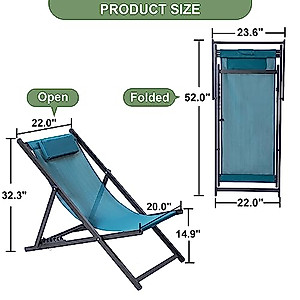 BETTAHOME Outdoor Aluminum Patio Sling Chairs, Beach Deck Chair, Portable Folding Lounge Chairs, Height Adjustable, Set of 2, Teal Color