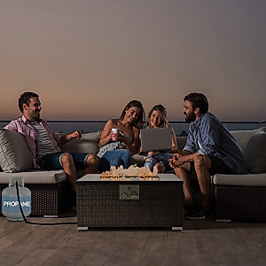 AJ Enjoy 32'' Propane Fire Pit Table, Marble Textured Ceramic Tabletop, 50,000 BTU Fire Table with Brown Wicker, Mix Color Glass Rocks, Including Lid&Cover, Rectangle, Tank Required to Be Kept Outside