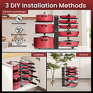 Podxco Pan Organizer Rack for Cabinet Pot Rack with 3 Diy Methods Adjustable Pot and Pan Organizer with 8 Tiers Pot Lid Organizer Holder Metal Heavy Duty Pot Organizer for Kitchen Counter and Cabinet