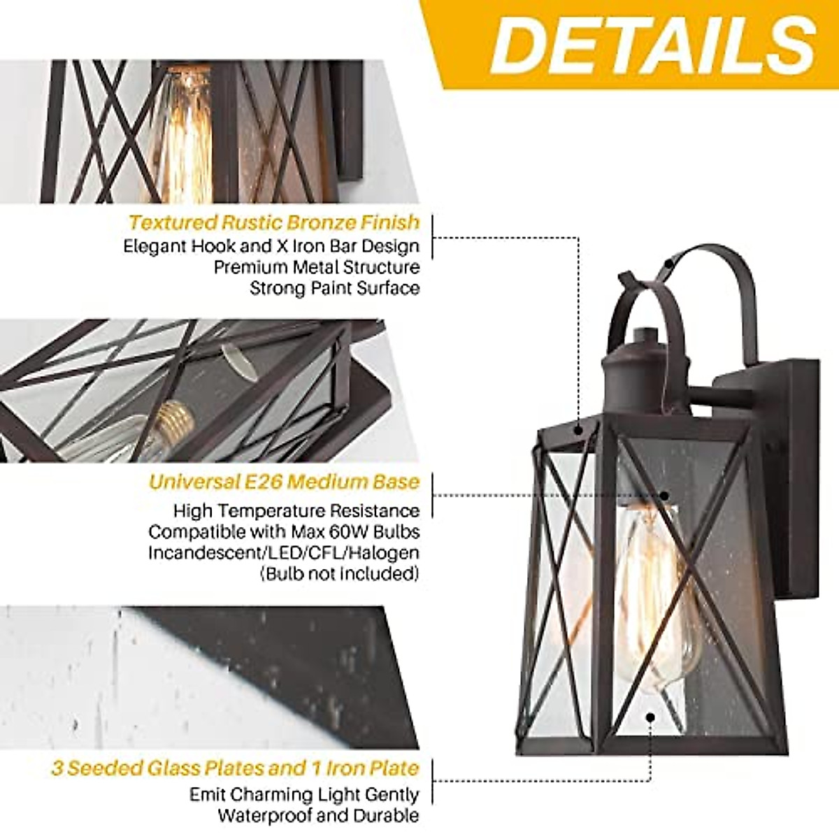 Outdoor Wall Lights 2 Pack, Exterior Wall Sconces Light Fixture with Seeded Glass, Waterproof and Anti-Rust Bronze Lanterns for Front Door, Entry, Porch, Patio, and Gazebo
