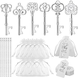 60Pcs Key Bottle Openers Wedding Favors for Guests Bottle Opener with Tag Card Key Chain Gauze Bag Silver Rustic Wedding Party Favor Souvenir present Wedding present
