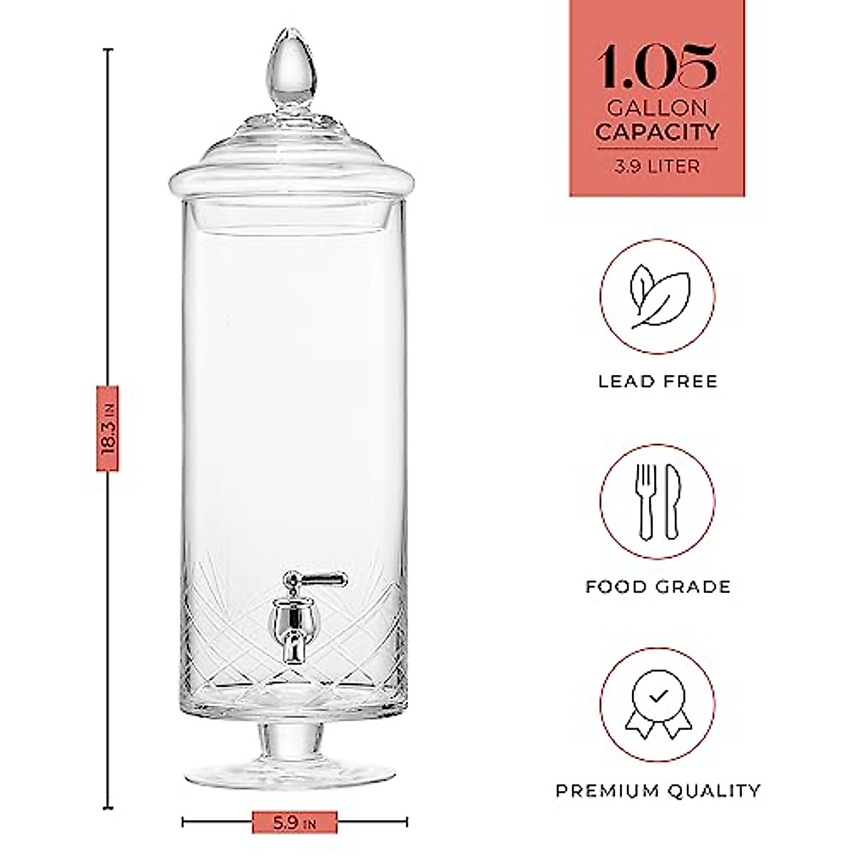 Fifth Avenue Crystal Beverage Dispenser for Countertop - 1 Gallon Large Glass Drink Dispenser w/Spigot & Lid - Party Drink Dispenser for Sweet Tea Lemonade Punch Water, Juice Dispensers for Parties