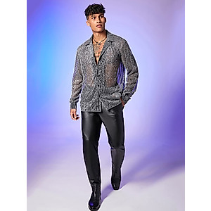 WDIRARA Men's Sheer Mesh See Through Glitter Button Front Long Sleeve Shirt Tops Silver XL