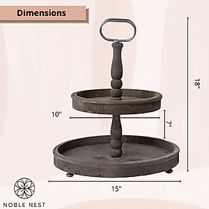 Noble Nest Farmhouse Tiered Tray, Two Tiered Tray, Rustic Farmhouse Kitchen Decor with Metal Handle and Distressed White Finish, Decorative Tray, Modern Farmhouse Decor - Brown Tiered Tray