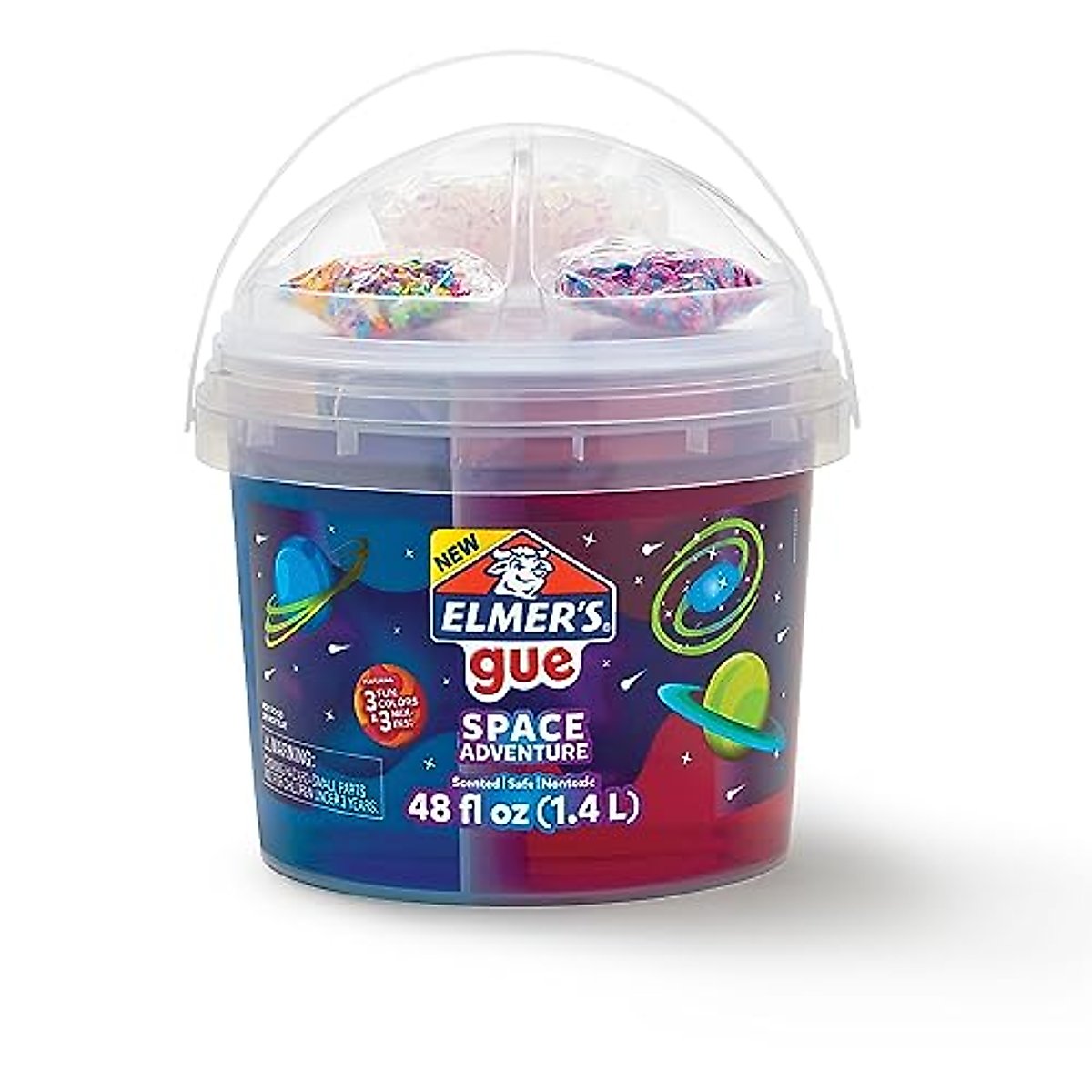 Elmer’s Gue Premade Slime Bucket, Space Adventure Theme, Includes 3 Lb. Bucket with 3 Types of Slime and 3 Sets of Add-ins