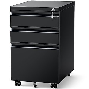 DUMOS 3 Drawer File Cabinet with Lock Metal Small Mobile Rolling Under Desk Storage for Home Office, Black