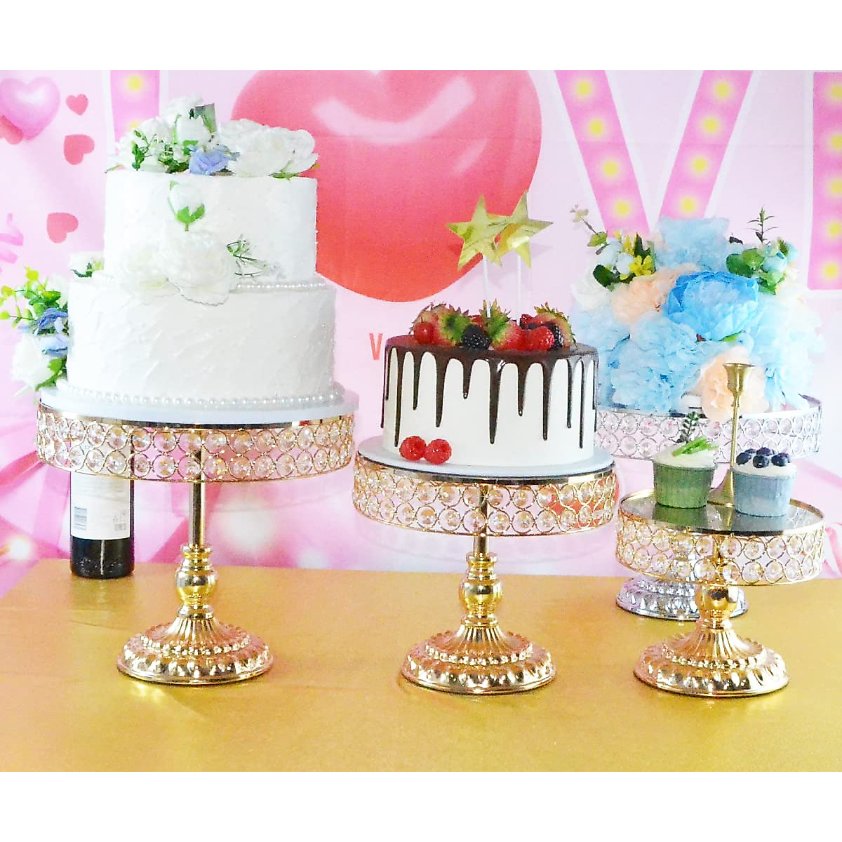 3PCS Cake Stand Set, Metal Round Cupcake Dessert Stand Cake Display Holder with Crystal Cookies Fruit Serving Tray Decor for Wedding Party Birthday (18K Gold)