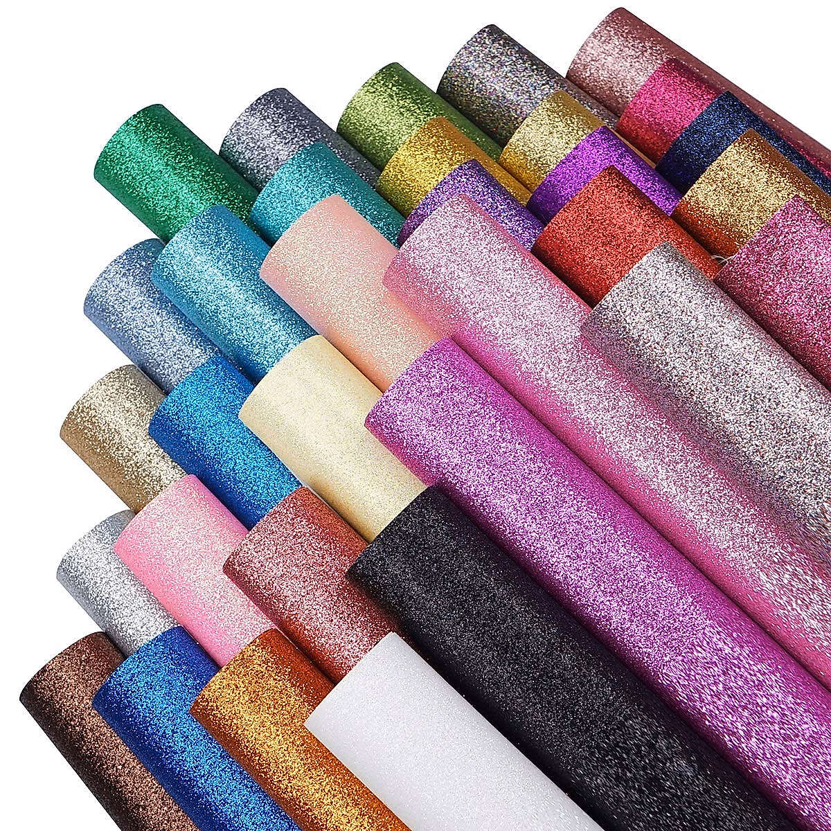 32 Colors 8X6 Inches Glitter Faux Leather Fabric Sheets for Leather Bows, Earring, Jewelry Making, Sewing, Shoe Making and Craft Making