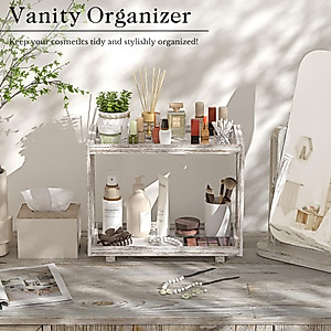 Tikea Bathroom Organizer Countertop, 2-Tier Bathroom Tray, Rustic Wood Vanity Organizer, Cosmetics Skincare Perfume Storage, for Kitchen, Bathroom, Dresser, Counter Decor (White)