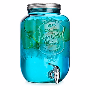 Elegant Home Glass Ice Cold Beverage Dispenser- Mason Jar Vintage Blue With Spigot ~ Durable Glass Drink Jug Wide Mouth Easy Filling For Outdoor, Parties, Laundry Detergent & Daily Use (2.15 Gallons)