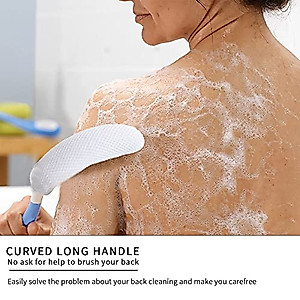 15.35" Back Bath Brush with Sponge,Back Scrubber Bath Mesh with Anti-Slip Curved Long Handle Bath Body Brush for Elderly Aid Bathing and Shower