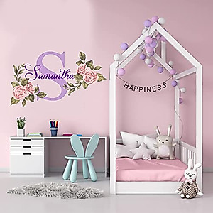 Name and Initial Peonies Wall Decal - Kids Wall Decor - WM33. Custom Name Removable Nursery Wall Decal for Girl - Flower Mural Wall Decal for Girls Bedroom