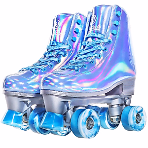 JajaHoho Roller Skates for Women, Shiny Holographic High Top Rollerskates, Mixture Color Double-Row Four Colour Frozen Wheels Quad Skates for Girls Age 8-51 Indoor Outdoor (Very Peri Blue, Size 8)